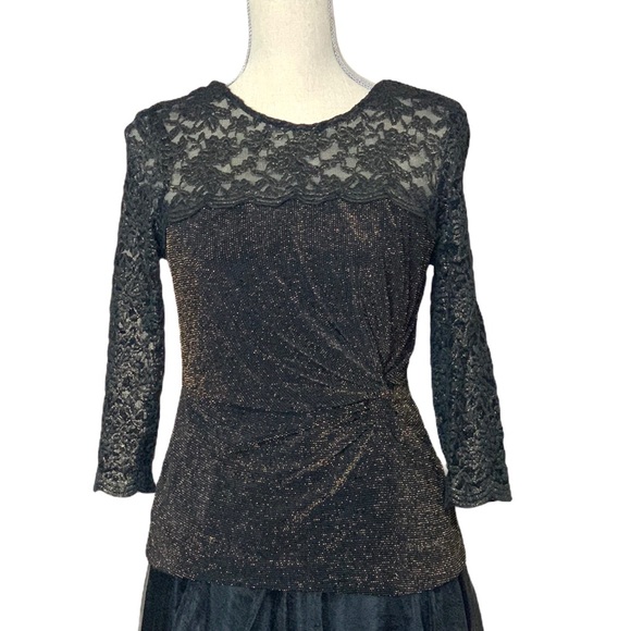 Alex Evenings | Tops | Alex Evenings Metallic Black Gold Lace Blouse ...